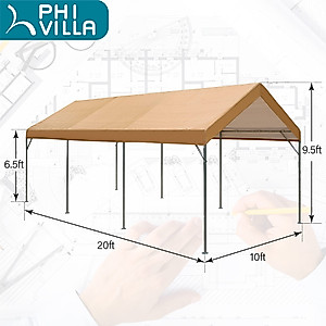 PHI VILLA 10x20 ft Heavy Duty Carport Car Canopy Garage Boat Shelter Party Tent（ith 4 Sand Bag）,Beige