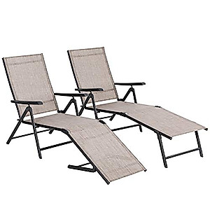 Vongrasig Patio Double Chaise Lounge Chairs Set of 2, Outdoor Adjustable Steel Textiline Folding Reclining Lounge Chair Outdoor Lay Out Chairs for Lawn Garden Pool Beach Yard, Brown