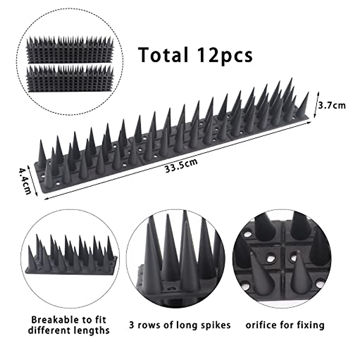 12 Pcs Bird Spikes, Fence Spikes for Bird Pigeon Cat, Plastic Bird Deterrent Spikes Defender for Garden, Fence, Roof and Wall (Black)