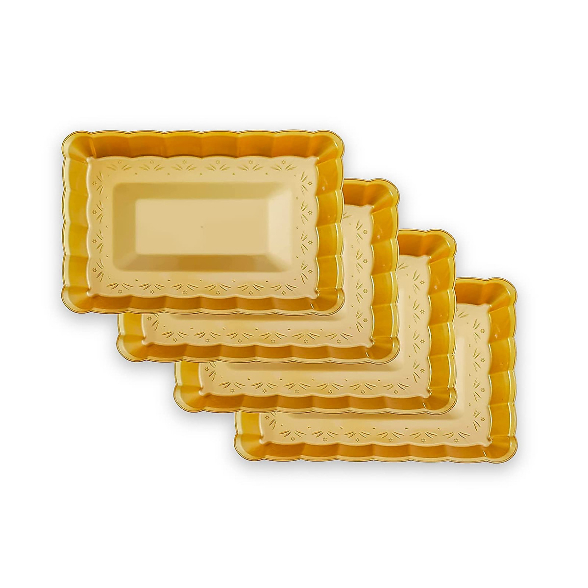 Yumchikel Hard Plastic Serving Tray Set, Gold Serving Trays in Scalloped Design, Serving Platters and Trays for Parties, Weddings, Engagements, Disposable Trays for Cakes & Deserts, 9" x 13", 4 Pack