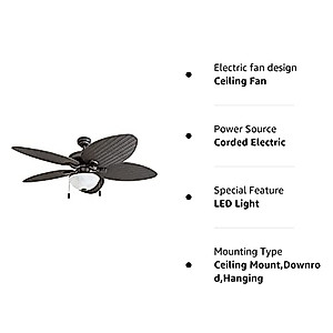 Honeywell Ceiling Fans Inland Breeze, 52 Inch Tropical Indoor Outdoor Ceiling Fan with Light, Pull Chain, Three Mount Options, Weather Resistant Blades - 50510-01 (Bronze)