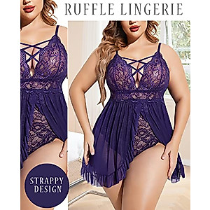 Avidlove Lingerie For Women Plus Size Babydoll Lace Nighties Sexy Strappy Exotic Sleepwear (Purple,XXL)