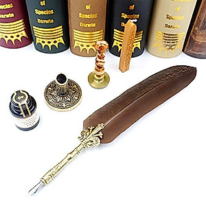 GC QUILL MU-03 Quill Pen Set Unique Half-Patterned Feather Pen Gift Set with 6 Nibs 1 Calligraphy Ink 1 Wax Seal Stamp 1 Pen Holder 1 Sealing Wax, Gift for Writers Kids Students