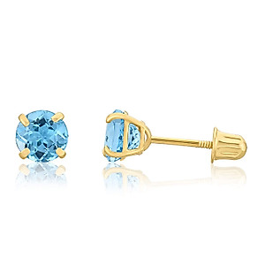 14K Yellow Gold Blue-Topaz Gemstone Birthstone Solitaire Stud Earrings With Secure Screw Backs, (1.20 cttw, 5MM)