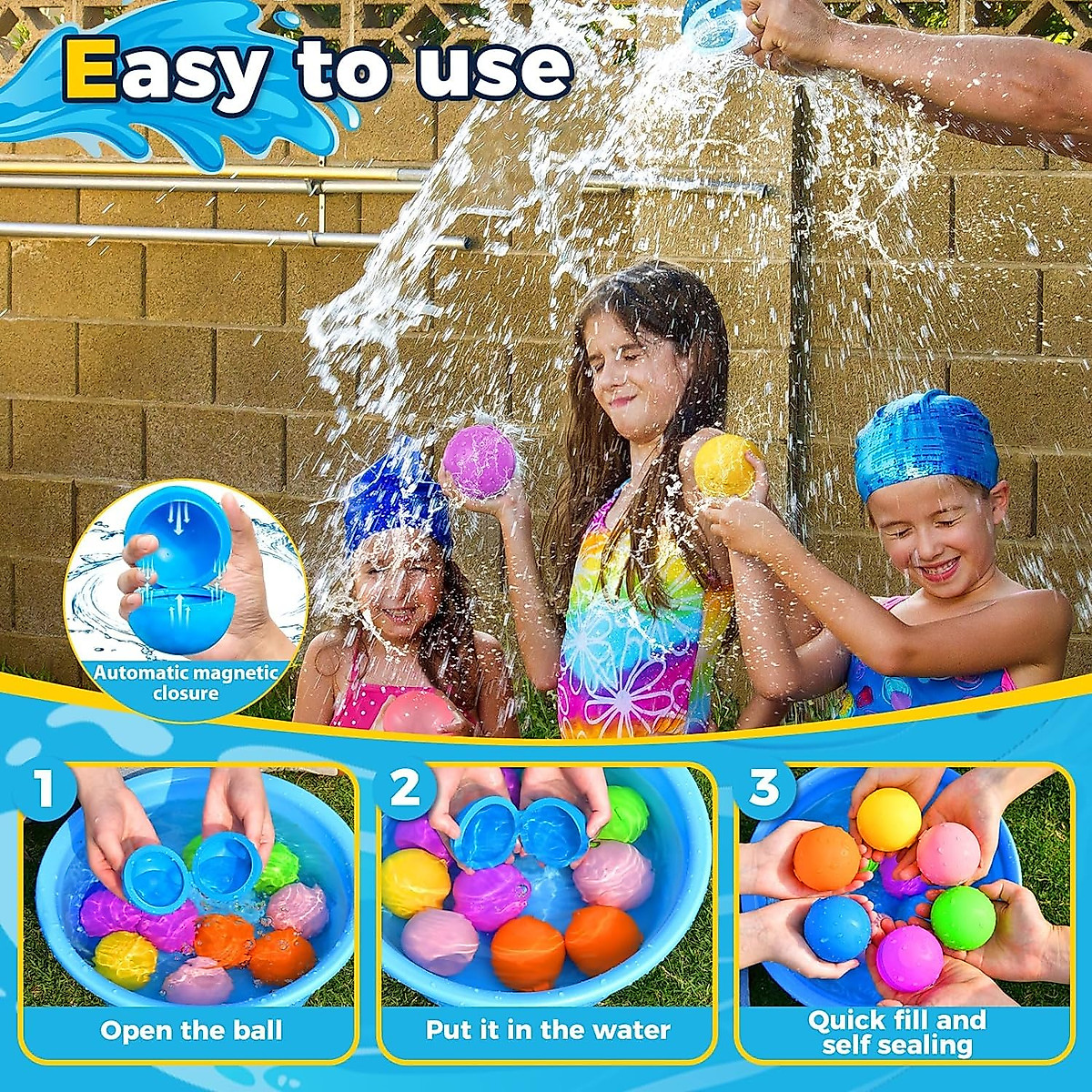 SOPPYCID 12PCS Reusable Water Balloons - Quick Fill Water Balls Toys For Toddler Age 4-8 - Refillable Magnetic Self-Sealing Water Splash Bomb For Summer Party Pool Outdoor Beach Toys for kids Age 8-12