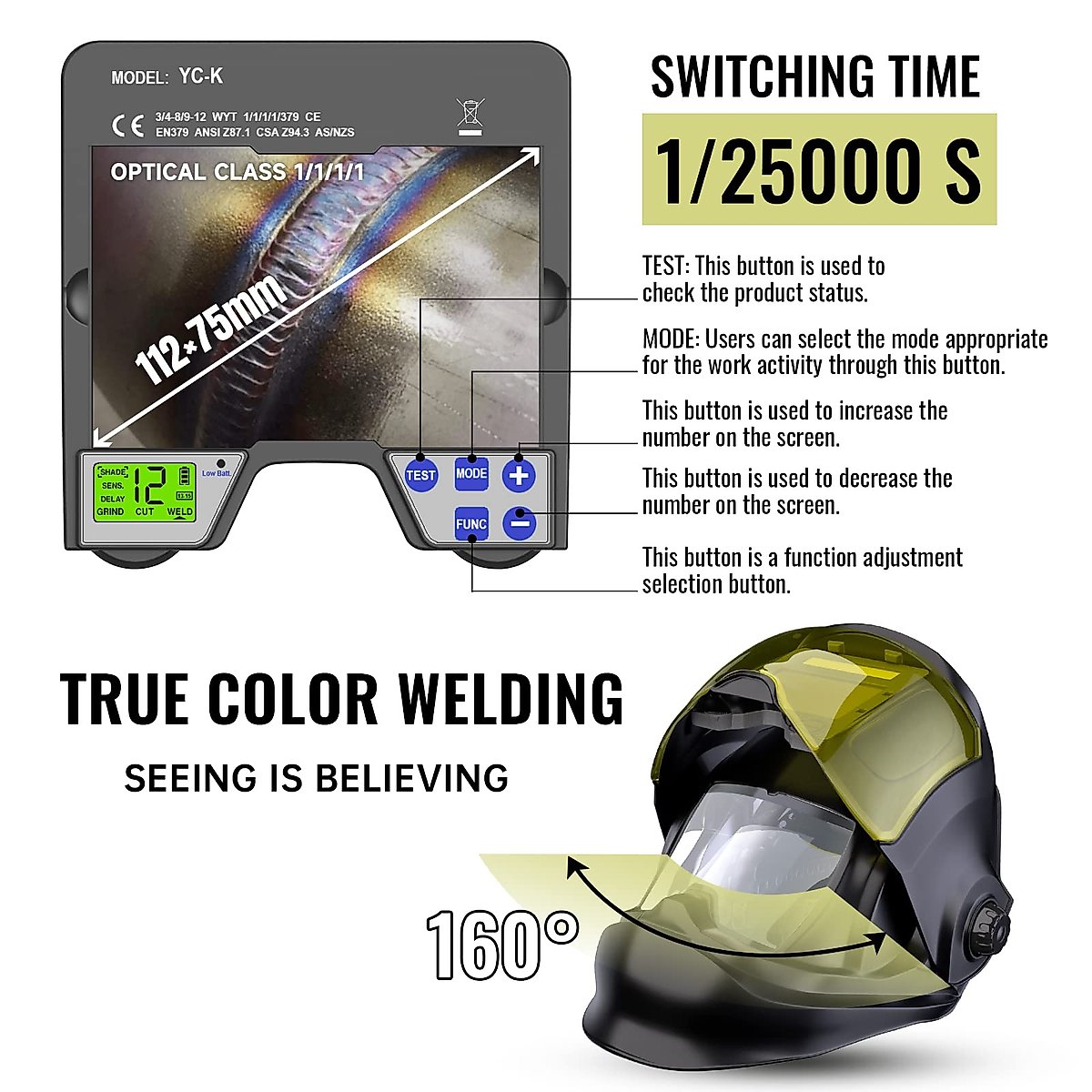 TAKAFORCE Auto Darkening Welding Helmet with Large 180° Panoramic Viewing Screen, Side View, True Color, Highest Optical Class 1/1/1/1, 4 Arc Sensor, 9-12/13-15 Variable Welding Shades,Flip Up Design.