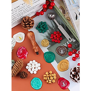 Christmas Wax Seal Stamp Kit Lanstics Wax Seal Stamp Brass Head, 200Pcs Sealing Wax Beads in 4 Colors, Wooden Hilt, Melting Spoon, Tea Candles for Cards Envelopes, Gift Packaging