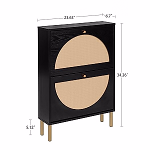ZeHuoGe Natural Rattan Shoe Cabinet with 2 Flip Drawers, Entrance Hallway Slim Entryway Shoe Organizer, Black Shoe Rack Storage Cabinet for Modern Heels, Boots, Slippers (Black)