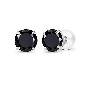 14K Solid White Gold 6mm Round Natural Black Onyx Birthstone Prong Set Stud Earrings For Women