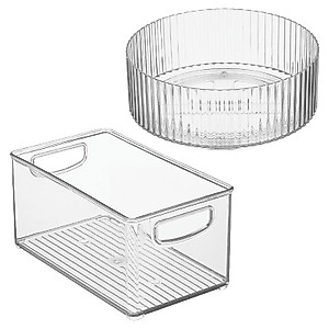mDesign Plastic Stackable Bin with Handles and 9" Round Fluted Lazy Susan Turntable Plastic Spinner Combo Set for Organization in Bathroom, Closet, Cabinet, or Vanity Countertop - Set of 2 - Clear