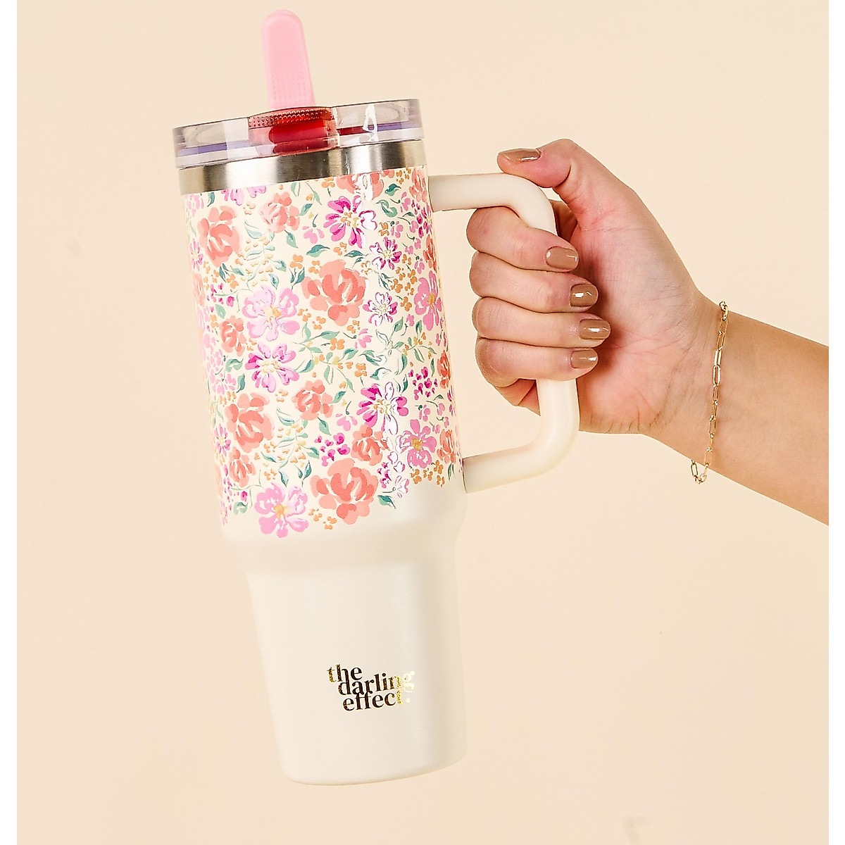 The Darling Effect Tumbler with Handle Matching Lid and Straw 40 oz Tumbler with Reusable Straws Garden Pink Stainless Steel Travel Mug 6 Piece Set for Hot Drinks Iced Coffee
