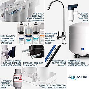 Aquasure Premier 4-Stage RO Reverse Osmosis Under Sink Drinking Water Filtration System | Removes 99% of Contaminants | 75 GPD, Leak-Proof, Quick Change Filters, with Tank & Brushed Nickel Faucet
