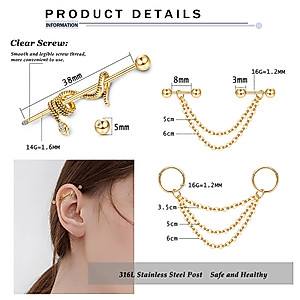 Sanfenly Industrial Piercing Jewelry 14G 16G Stainless Steel Industrial Earrings with Chain Dangle Industrial Piercing Bar Double Cartilage Helix Piercing Earrings Industrial Barbell for Women Men