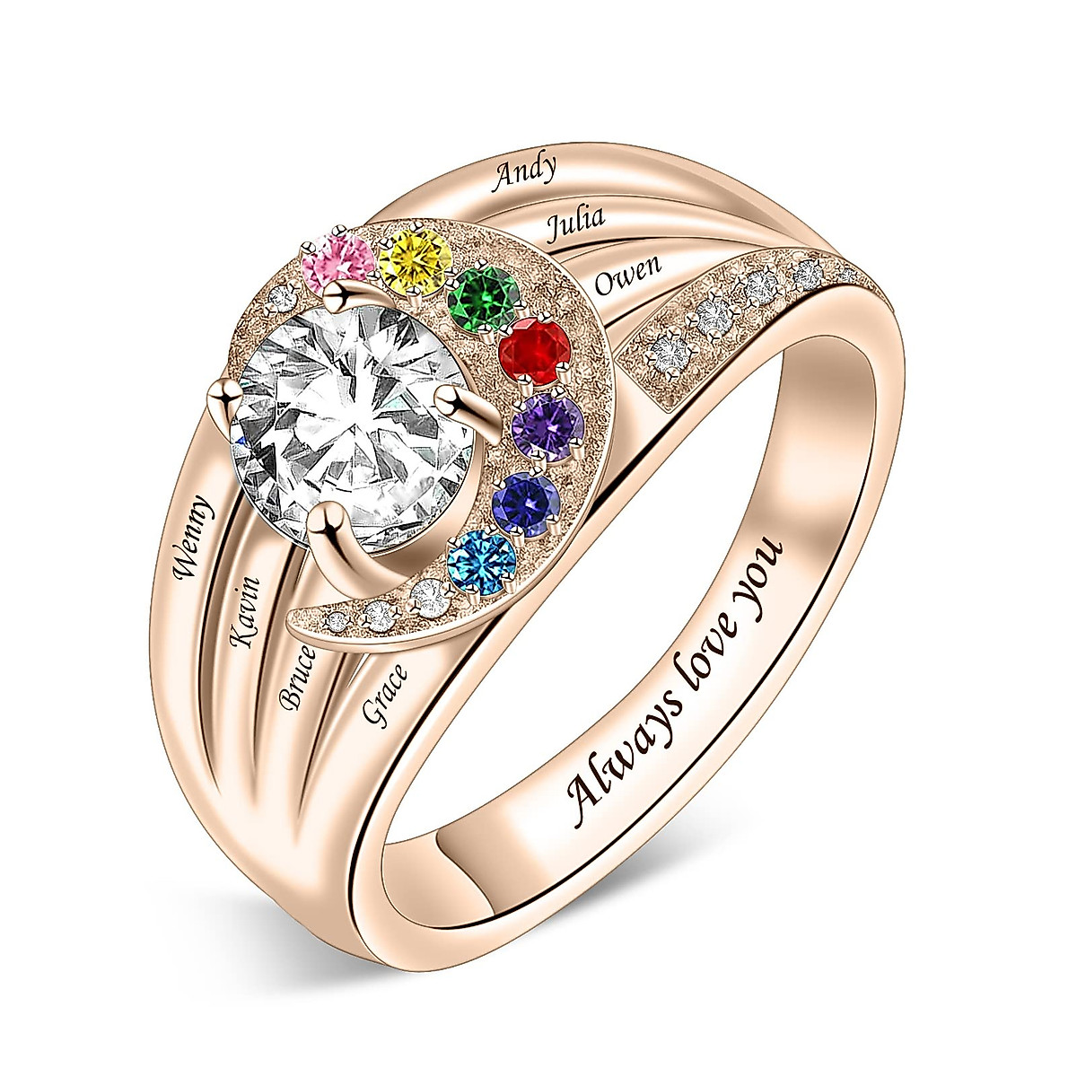 BAUMA AUTO Sterling Silver Personalized Mothers Ring with 1-8 Simulated Birthstones Engraving Family Name Ring for Mother Grandma