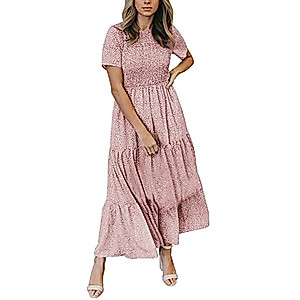 Zattcas Womens 2023 Spring Summer Smocked Tiered Boho Floral Long Maxi Dresses Casual Short Sleeve Modest Flowy Church Maternity Wedding Guest Dress Mauve S