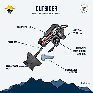 Sun Company Outsider - 4-in-1 Survival Multi-Tool | Compass, Thermometer, Whistle, and Fire Starter in a Compact Zipper Pull | EDC Outdoor Firestarter for Camping, Bushcraft, or Survival Situations