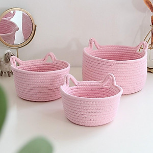 CHDHALTD Cotton Rope Woven Storage Basket,Small Basket Gift Baskets Toy Storage Basket Key Tray Living Room Bathroom Storage Basket(L,Pink)