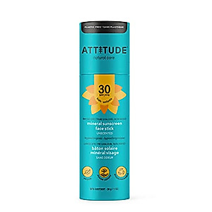 ATTITUDE Sunscreen Stick for Baby and Kids, Broad Spectrum UVA/UVB, Plant and Mineral-Based Formula, Coral Reefs Friendly, Vegan and Cruelty-free Sun Care Products, Face, SPF 30, Unscented, 1 Oz