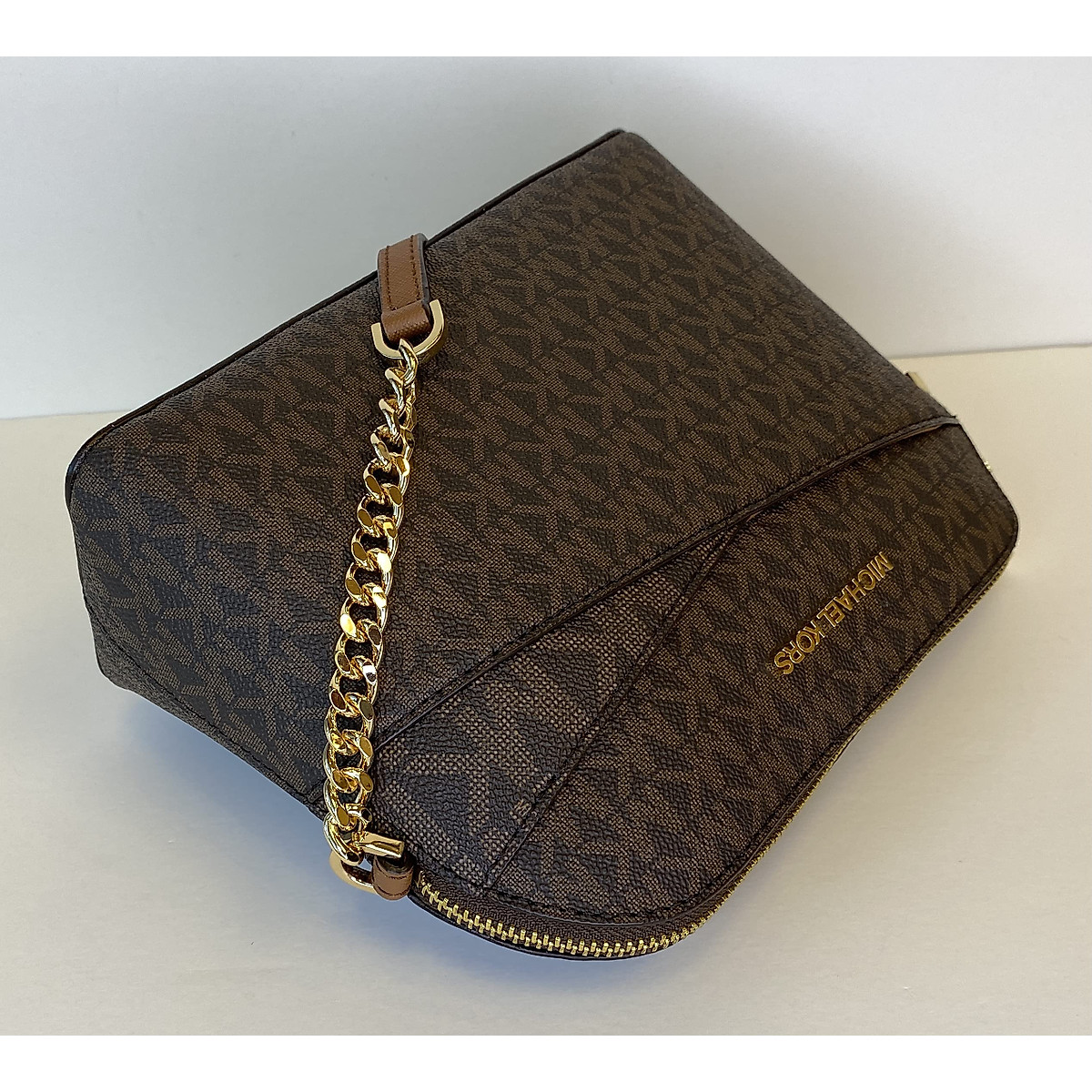 Michael Kors MICHAEL Michael Kors Jet Set Travel MD Dome XCross Crossbody bundled with SM TZ Coinpouch Purse Hook (Signature MK Brown/Luggage)