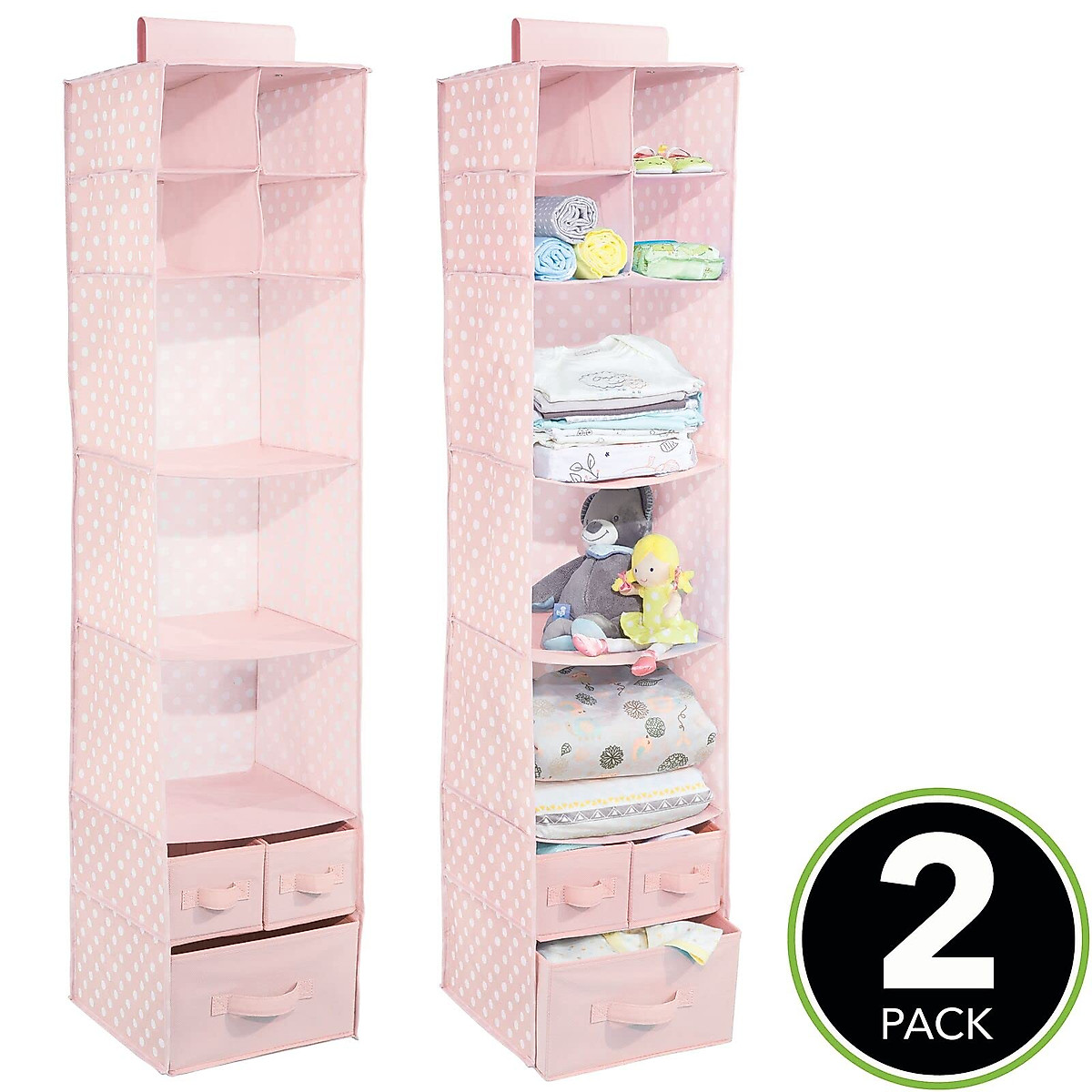 mDesign Fabric Hanging Organizer - Over Closet Rod Storage, 7 Shelves/3 Removable Drawers for Baby Nursery Bedroom Organization - Hold Clothes, Linens, Toys, Accessories, 2 Pack, Pink/White Polka Dot