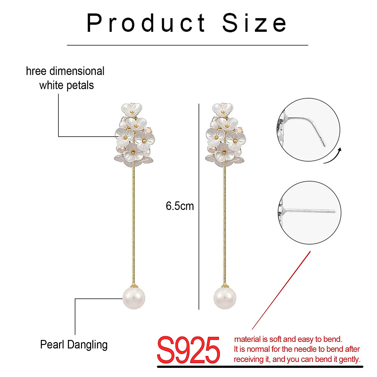 Cualque White Pearl Flower Drop Earrings 925 Sterling Silver Post Long Fringe Pearl Pendant Petal Stud Dangle Statement Earring for Women (Pearl Flower)