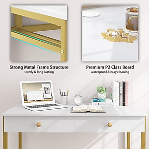 Weehom Computer Desk with Drawers, Home Office Desk for Writing, Studying, and Gaming - Sturdy and Spacious Workstation for PC and Laptop(White and Gold)