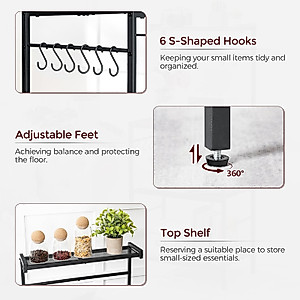 MAHANCRIS Bakers Rack with Charging Station, Microwave Stand with 6 S-Shaped Hooks, 4-Tier Storage Rack, Multifunctional Coffee Bar, for Kitchen, Dining Room, Charcoal Gray and Black BRHT35E01N1