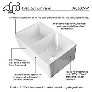 ALFI brand AB539 White 32-Inch Decorative Lip Double Bowl Fireclay Farmhouse Kitchen Sink, White