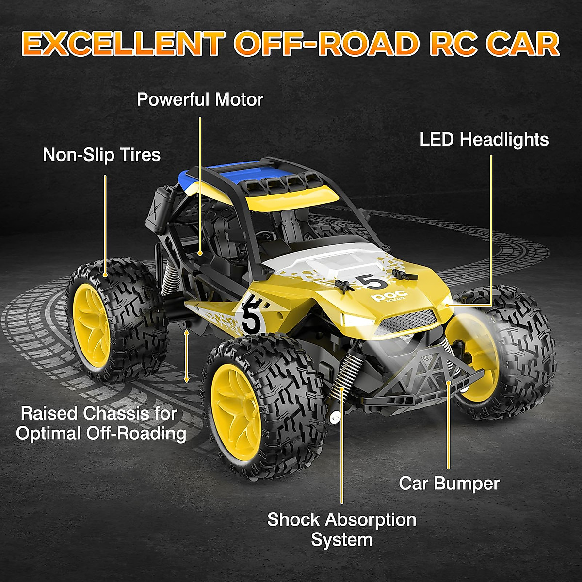 PKX 1:12 Large Remote Control Truck,12MPH (20KPH) High Speed Off-Road Monster Truck for Boys & 2 Batteries and LED Headlights, All Terrain 2.4 GHz Remote Control Car for Kids, Hobby RC Cars Toys Gifts