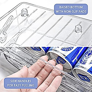 BYFU 2-Tier Foldable Soda Can Storage Organizer Set of 2, Automatic Rolling Plastic Beverage Can Dispenser, Clear Stackable Can Drink Holder Bin for Refrigerator Pantry Kitchen Countertop Cabinet