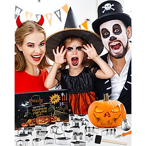 JUSTOTRY Halloween Pumpkin Carving Set 26Pcs Pumpkin Face Shape Cookie Cutters Tool Easy & Safe Adults Kids DIY, Stainless Steel 23 Molds with 3 Tools for Decoration Decorating Stencils Metal
