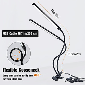 CeSunlight Desk Lamp, Clamp on Lamp with 2 LED Tubes, 13W, 1200 LMS, 3 Color Modes, 10 Brightness Levels, 18.5 Inches Flexible Gooseneck LED Clip Book Light for Reading, Working (Adapter Included)