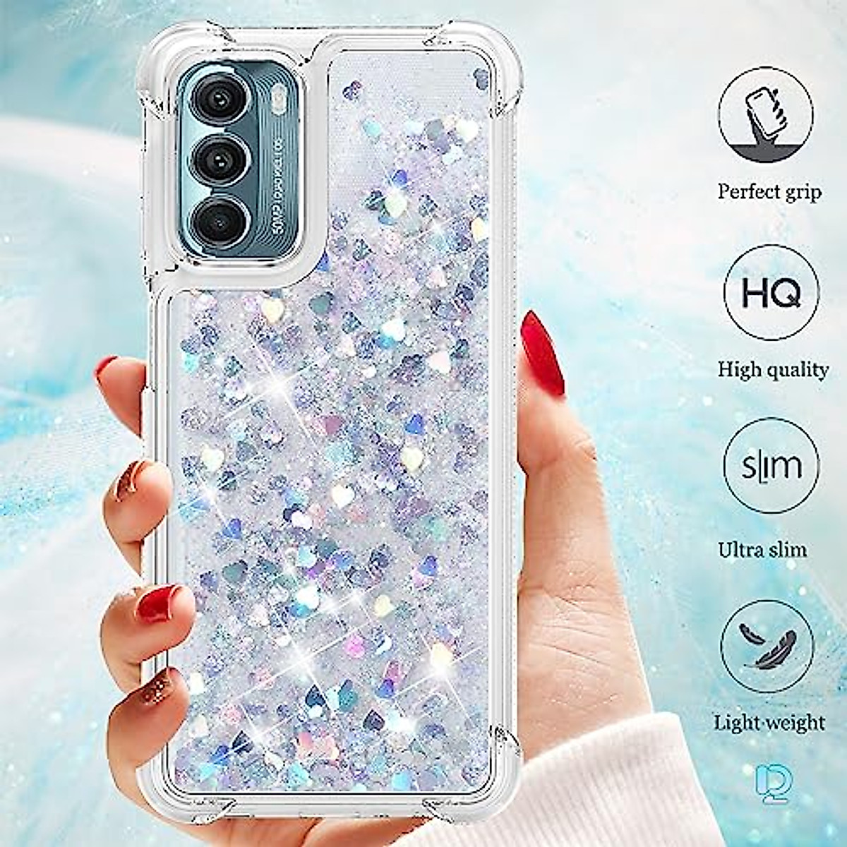 Dzxouui Moto G Stylus 5G 2022 Case - Cute Glitter Quicksand TPU Cover with Glass Screen Protector - Silver