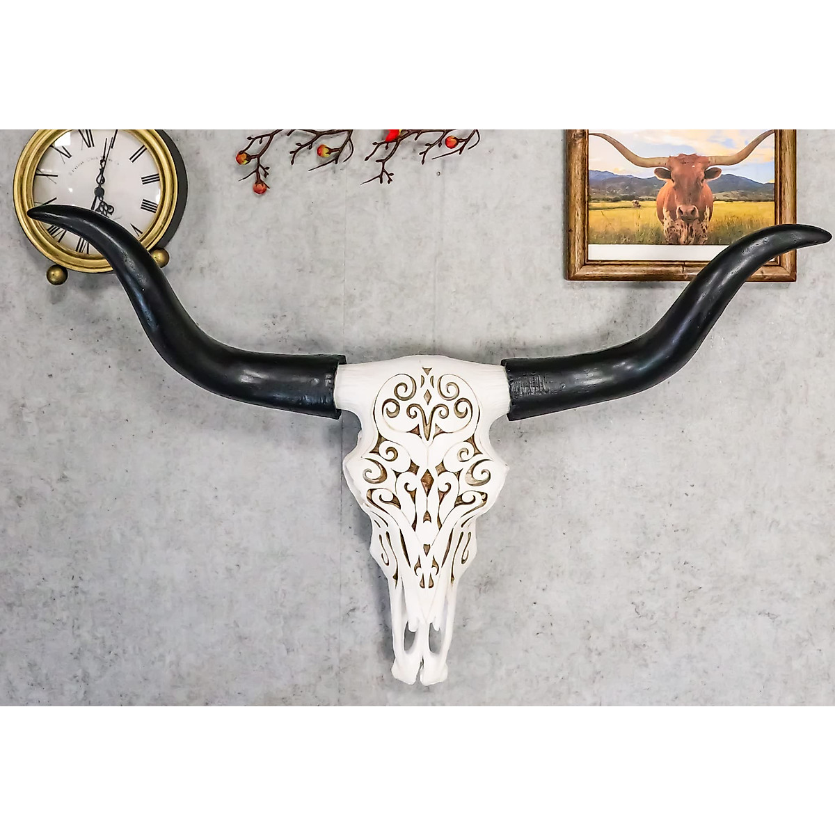 Ebros 27.5" Wide Southwest Rustic Off White Steer Bison Buffalo Bull Cow Horned Skull Head With Scroll Lace Filigree Design Hanging Wall Mount Decor Native Animal Totem Bust Skulls Western Accent