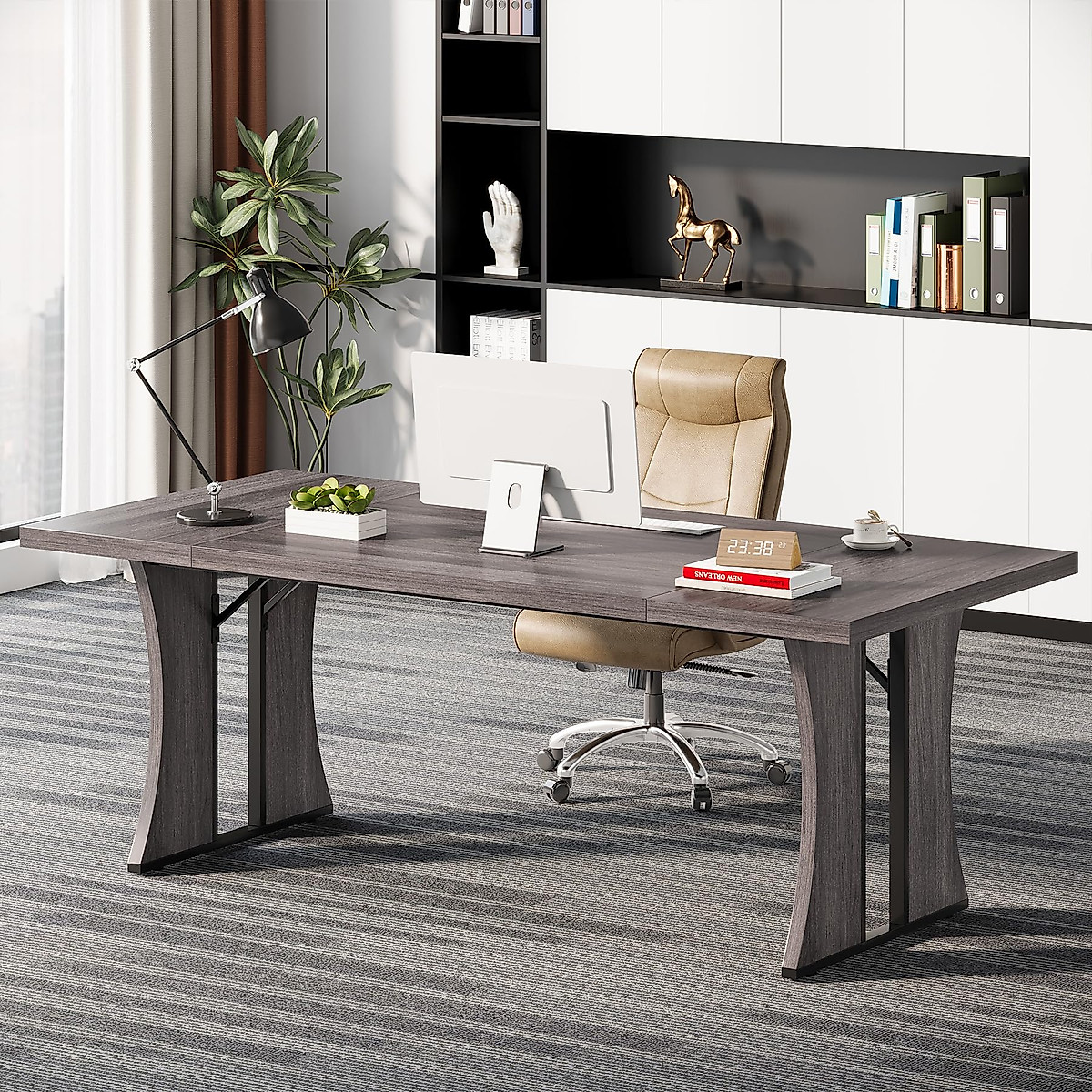 Condemo 70.9 inch Simple Office Computer Desk, Large Executive Desk, Modern Industrial Study Writing Table Workstation, Business Furniture for Home Office, Gray Brown