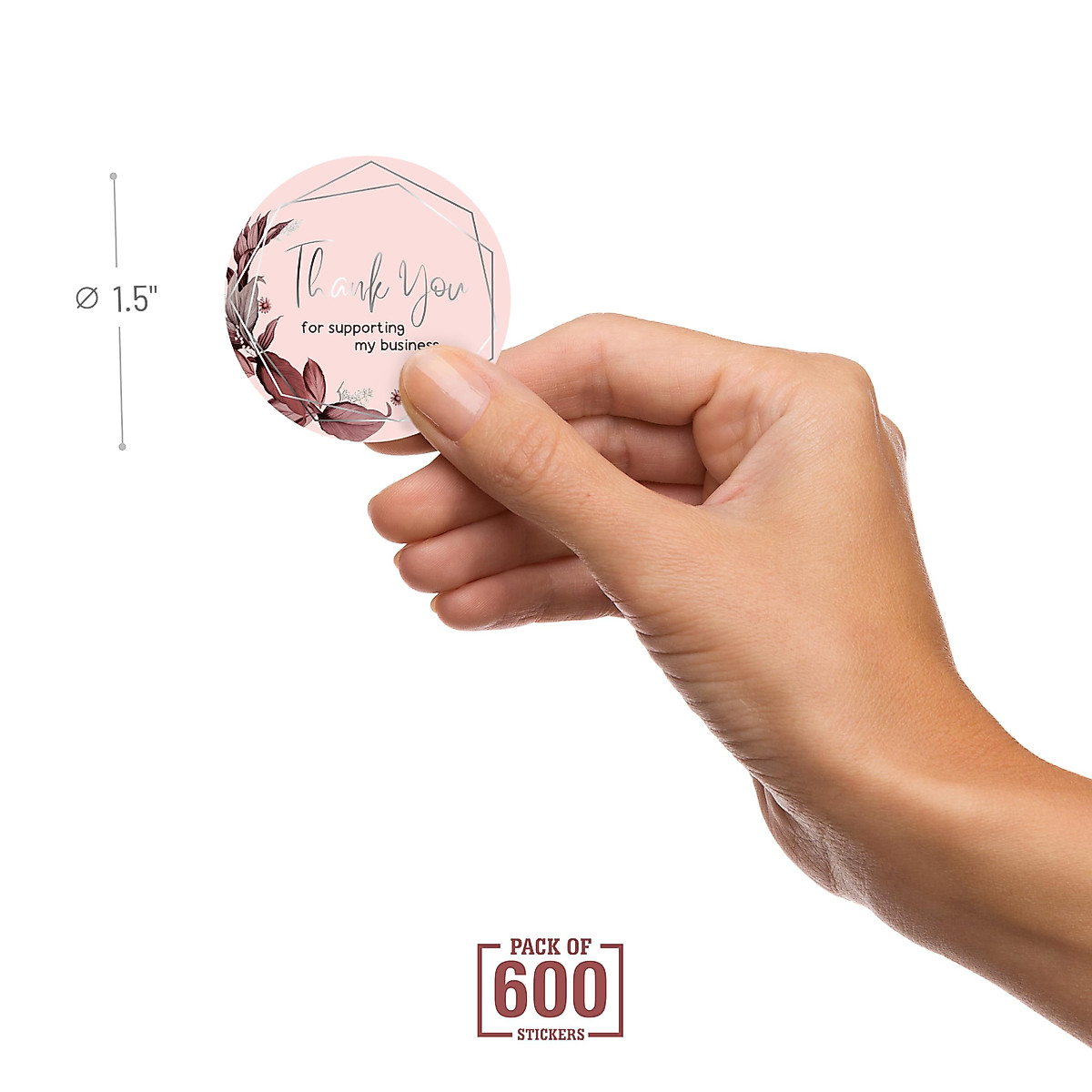 easykart labels 600 Business Thank You Stickers in roll | Baby Pink Flower Bunch Design with Silver Foil | Highly Recommended for Small Business Owners