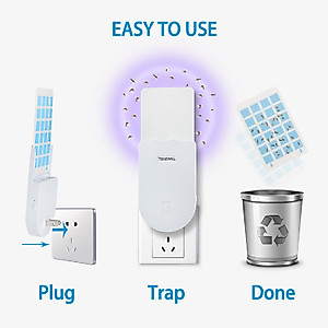 Fly Trap Indoor, Plug in Flying Insect Trap for Fruit Fly, Gnat, Moth, UV Mosquito Bug Trap Catcher with Night Light, Noiseless and Easy to Use, Ideal for House Bedroom Kitchen(1 Device+ 5 Refills)