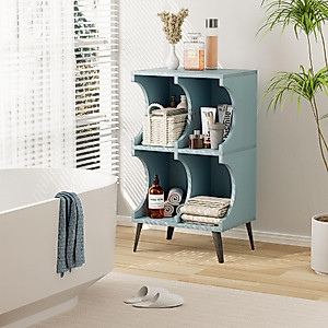 Aenuert Bookcase 4 Cube Bookshelf,Blue Open Cube Small Book Shelf Circle Arc Storage Shelf Display Cabinet Organizer,2 Tiers Modern Wooden Bookcase with Cubby Storage for Living Room,Bedroom,Office