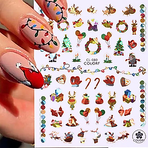JMEOWIO 12 Sheets Christmas Nail Art Stickers Decals Self-Adhesive Pegatinas Uñas Snowflake Xmas Winter Holiday Deer Nail Supplies Nail Art Design Decoration Accessories