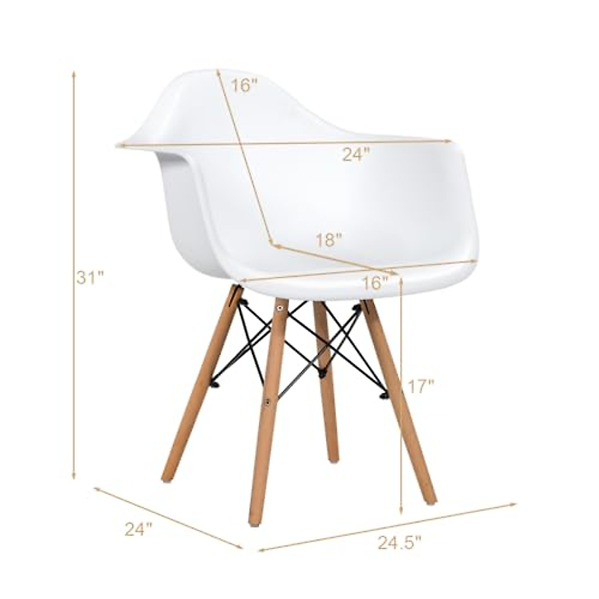 NAFORT Dining Table Chairs Set of 2, White Plastic Shell Chair with Wooden Legs, Backrest & Armrest, Mid Century Modern Style Dinning Chairs for Kitchen, Dining Room & Waiting Room, 2PCs