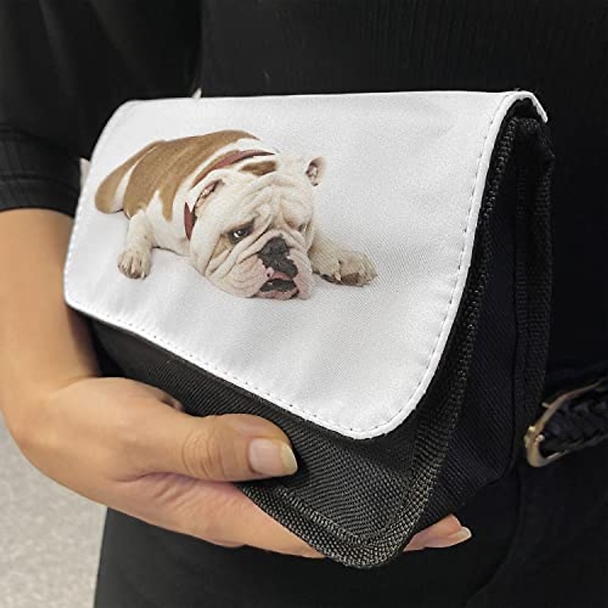 Ambesonne English Bulldog Pencil Case, Sad Animal, Fabric Pen Pencil Bag with Double Zipper, 8.5" x 5.5", Cream Brown
