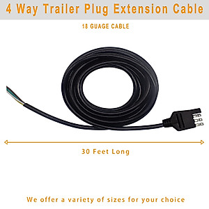 Adullama 4 Way Trailer Wiring Harness 30FT Jacketed Cable, 18AWG 4 Pin Flat Trailer Extension Connector Trailer Wire Color-Coded Pure Copper, Trailer-Side Male Replacement 4 Wire Trailer Hitch Wiring