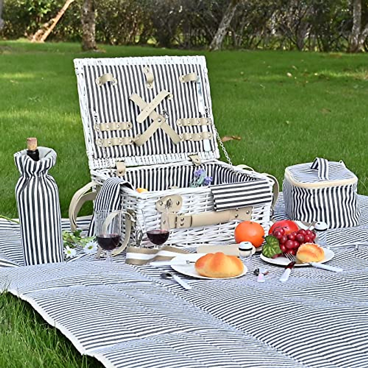 20Pcs Willow Picnic Basket for 2 with Waterproof Blanket/Insulated Cooler/Wine Bag/Cutlery for Camping,Couples,Valentine Day, Wedding Gift