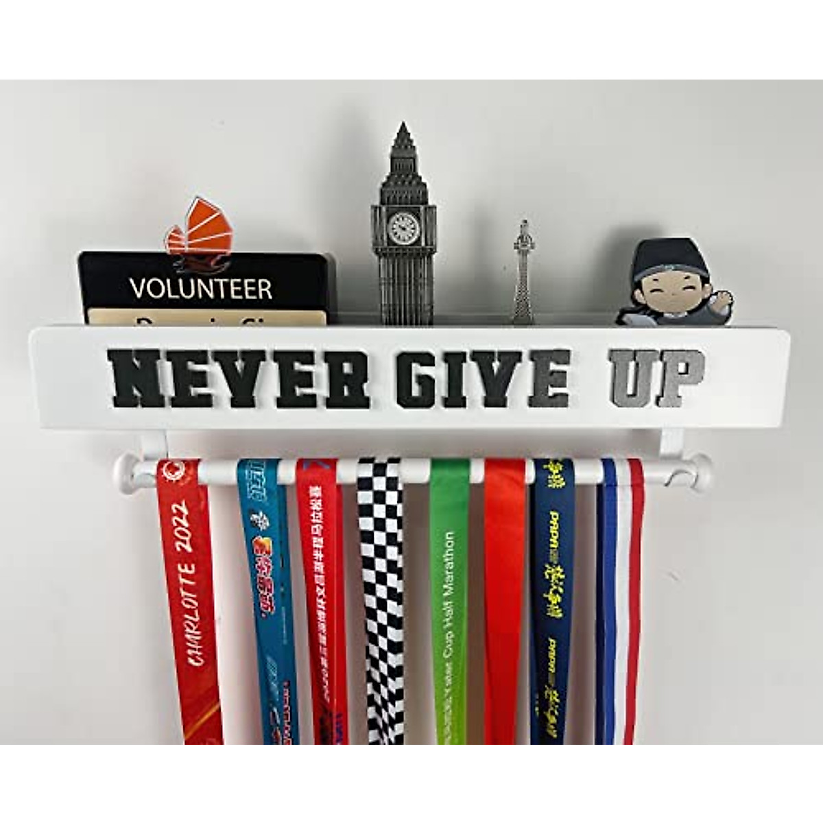 URBN BY MODERN HOME FINISHINGS 16 inch Wall Mounted Wood Floating Shelf Trophy and Lanyard Ribbon Medal Display Holder & Organizer Rack with Shelf and Hanging Rod