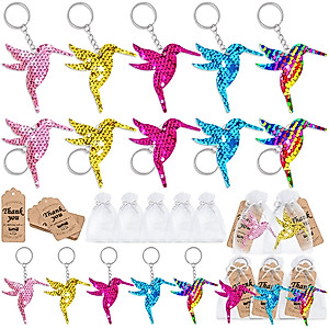 CiciBear 60 Pack Double-Deck Hummingbird Sequin Keychain Set with 20 Hummingbird Keychains, 20 Thank You Tags and 20 Bags for Hawaiian Tropical Party Favor, Kids and Birthday, Baby Shower, 5 Colors