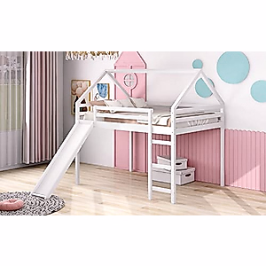 HYC Full Size Loft Bed with Slide, Wood Loft Bed Full with Playhouse Design, Kids House Loft Bed Frame for Boys Girls,White