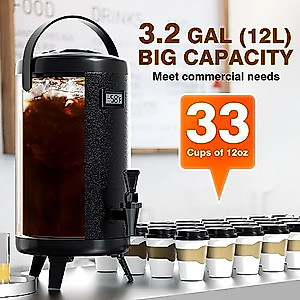 WantJoin Insulated Beverage Dispenser-Thermal Hot and Cold Beverage Dispenser Tea Dispenser Stainless Steel 12L/3.2Gal Hot Drink Dispenser with Spigot for Hot Tea&Coffee,Cold Milk,Water,Juice (Black)