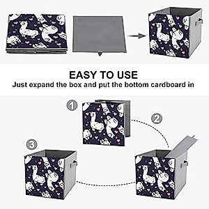 Alpacas Hearts Stars Foldable Storage Bins Printd Fabric Cube Baskets Boxes with Handles for Clothes Toys, 11x11x11