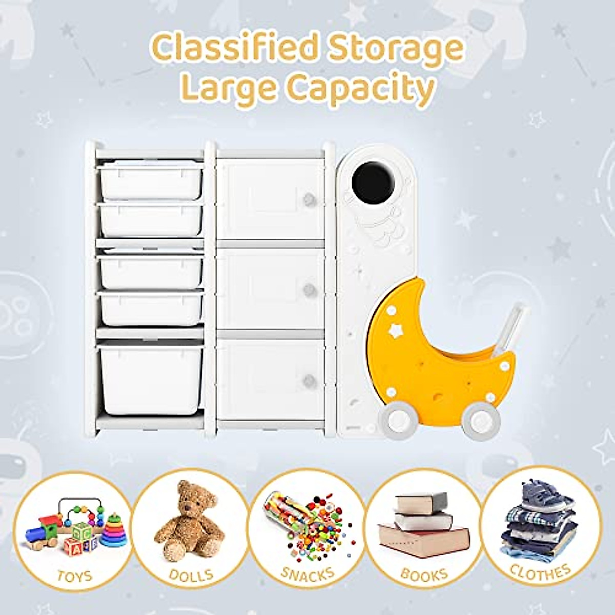 duke baby Kids 3 Layer Toy Storage Organizer with 5 Storage Bins, 3 Toy Cabinets with Doors, Display Bookshelves and Toy Cart for Kids Playroom Bedrooms Age 1-12, Space Collection Medium