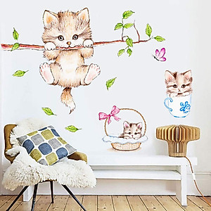Kiddale Cute Cat Wall Decals,Removable Cat Tree Branches Butterfly Wall Stickers for Kids Rooms Nursery Playroom Home Decoration